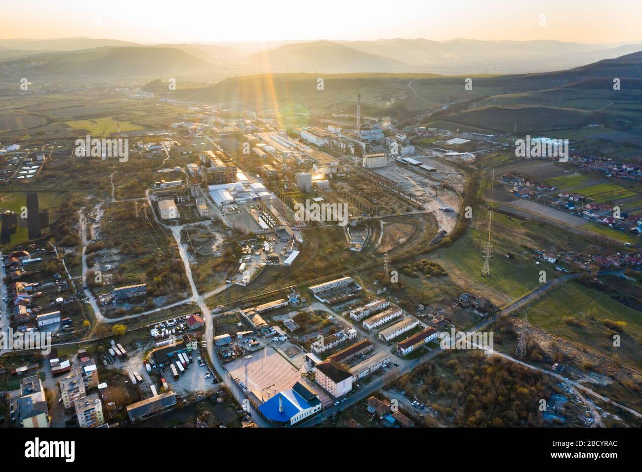 Aerial drone view over industrial zone of Romania. Urban buildings ...