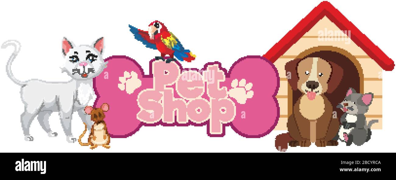 Font design for pet shop with many cute animals illustration Stock ...