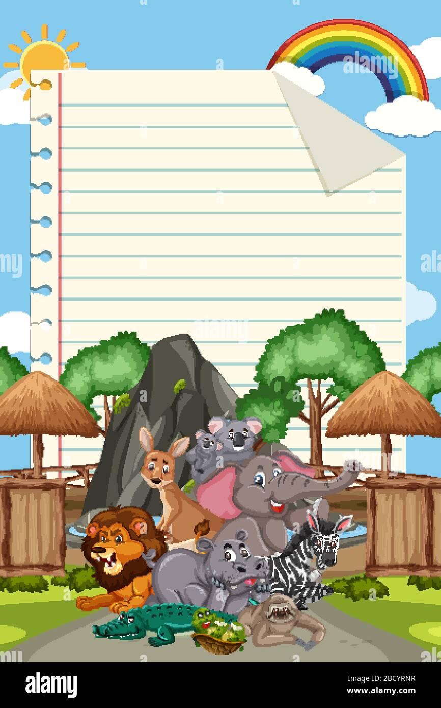 Border template design with many wild animals in background ...