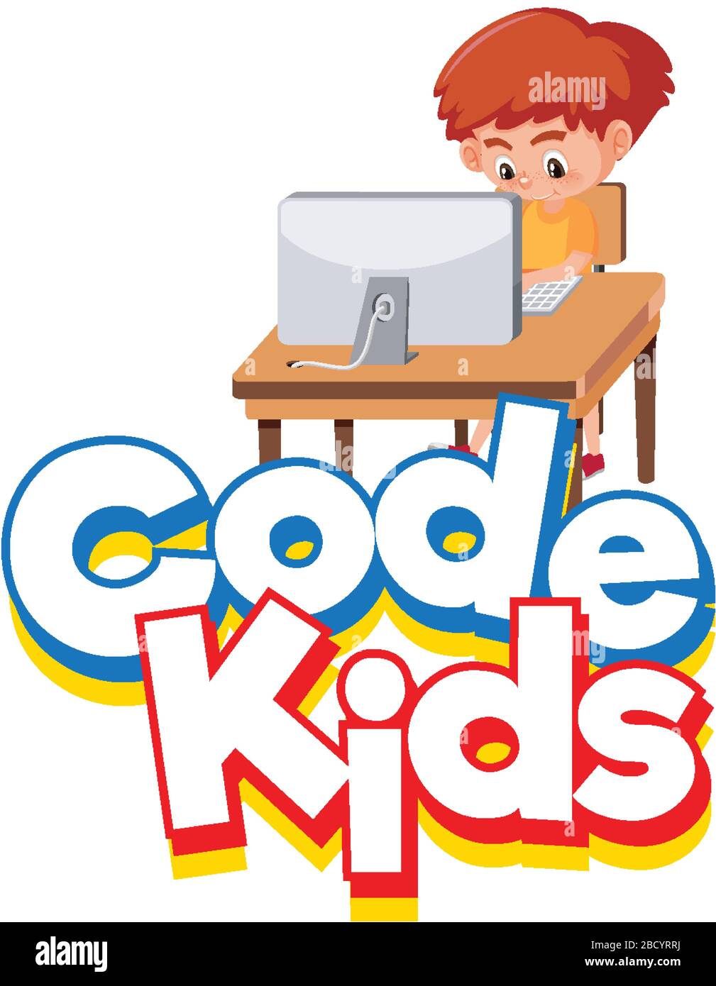 Font design for word code kids with boy working on computer ...