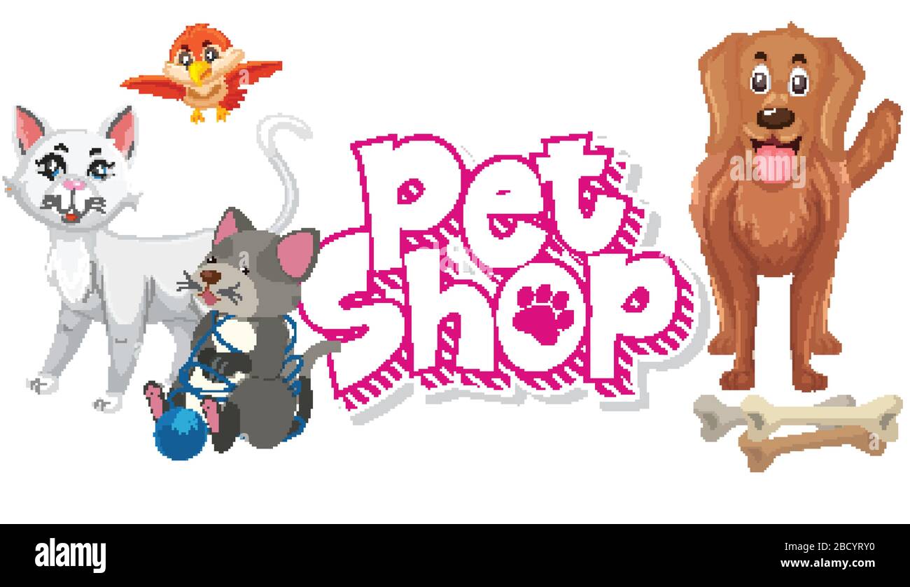 Font design for pet shop with many cute animals illustration Stock ...