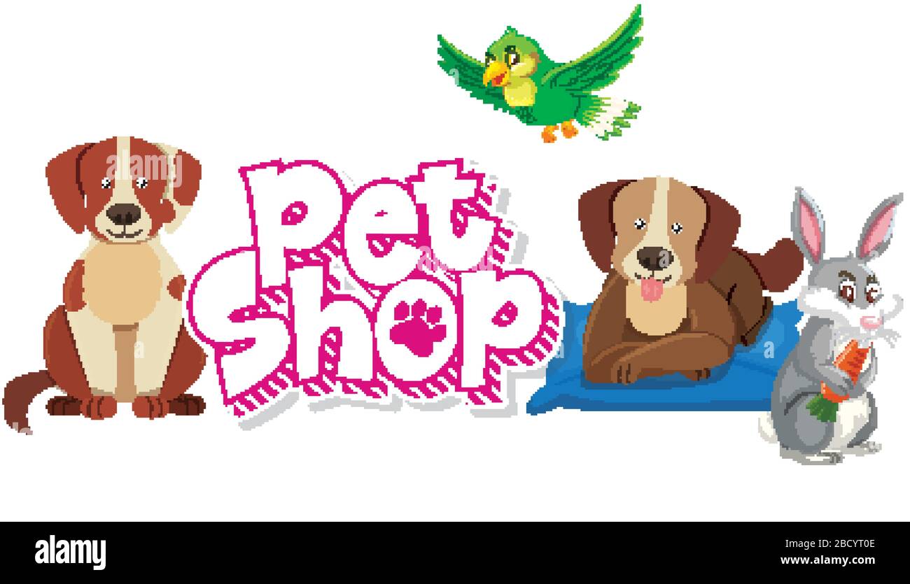 Font design for pet shop with many cute animals illustration Stock ...