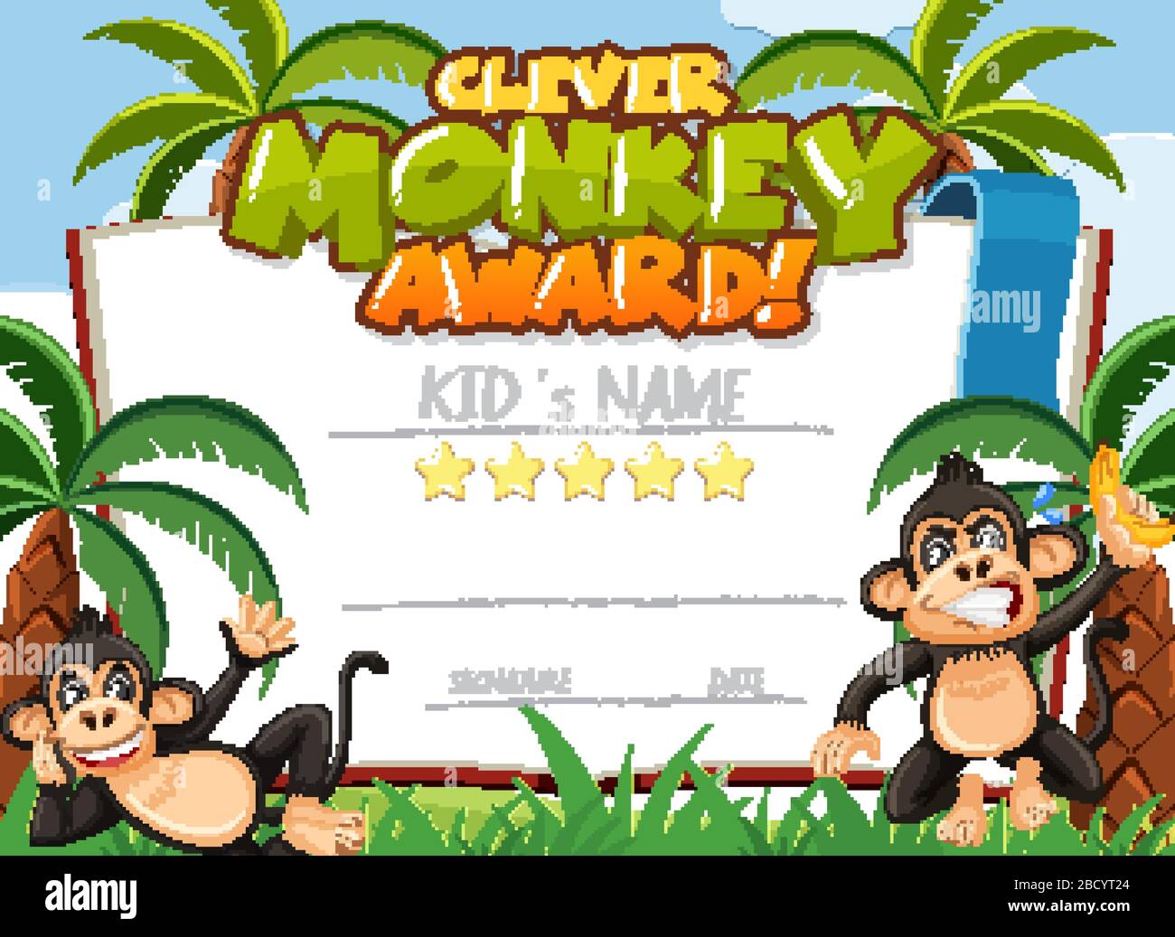 Certificate template design for clever monkey award with two monkeys in ...