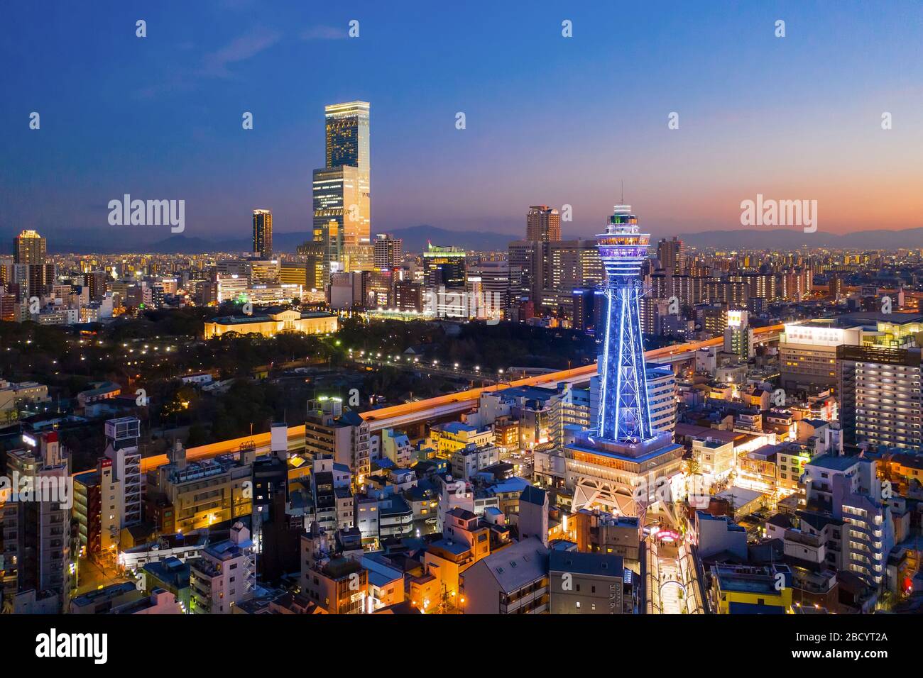 night aerial view of landmark skyscraper in osaka japan Stock Photo - Alamy