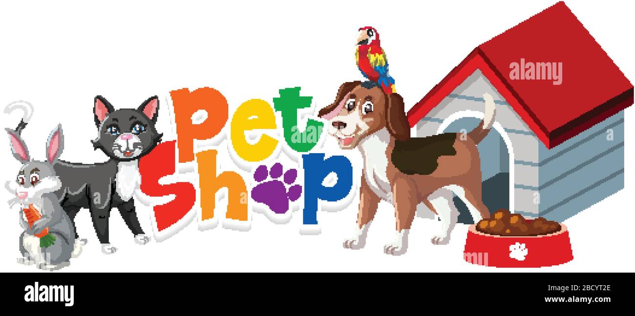 Font design for pet shop with many cute animals illustration Stock ...