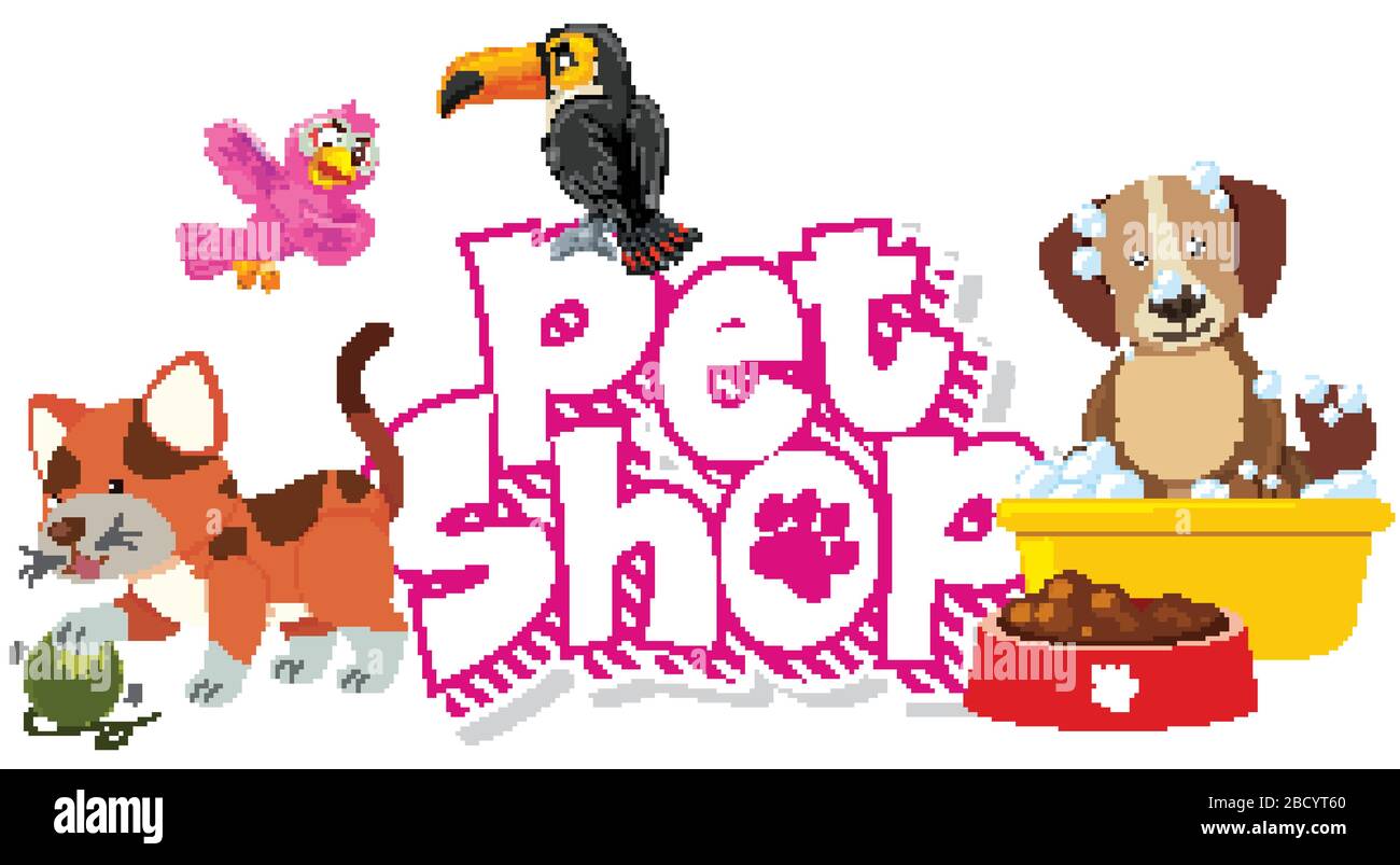 Font design for pet shop with many cute animals illustration Stock ...