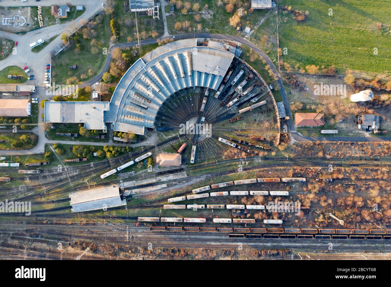 Aerial view of various railway carriage trains with goods on the ...