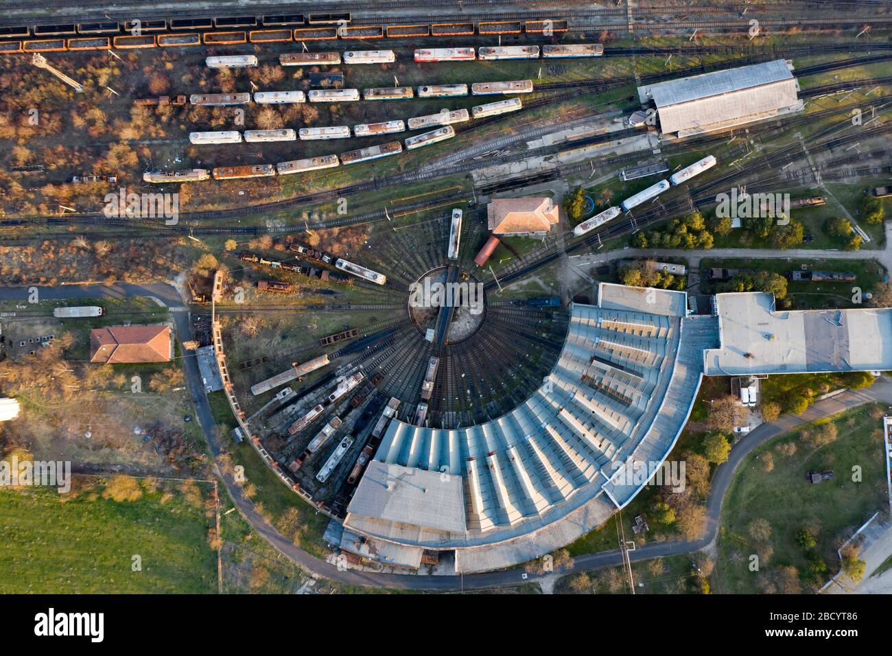 Aerial view of various railway carriage trains with goods on the ...