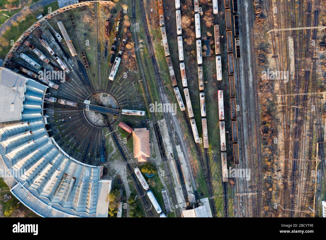Aerial view of various railway carriage trains with goods on the ...