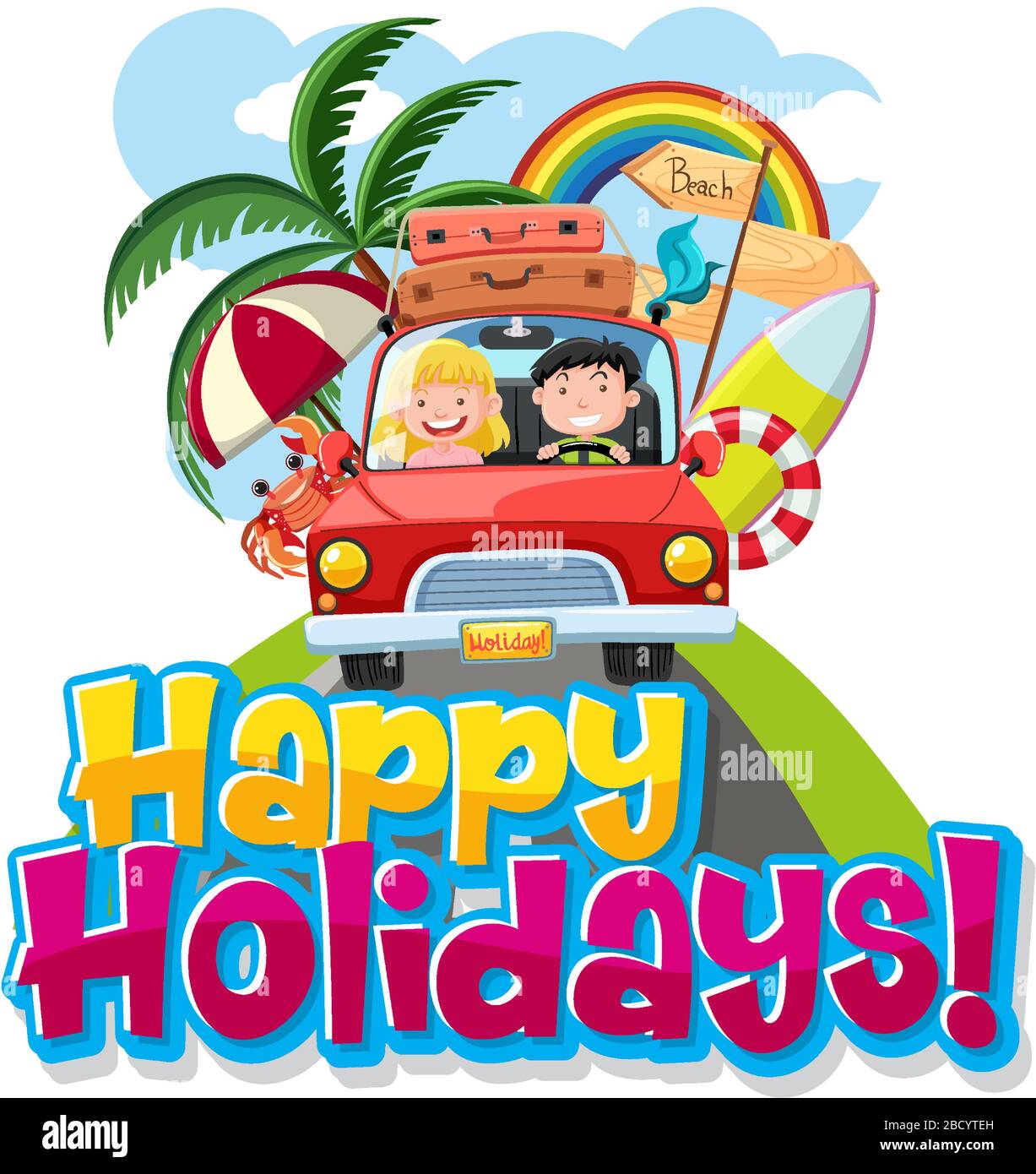Font design template for word happy holidays with people on the road ...