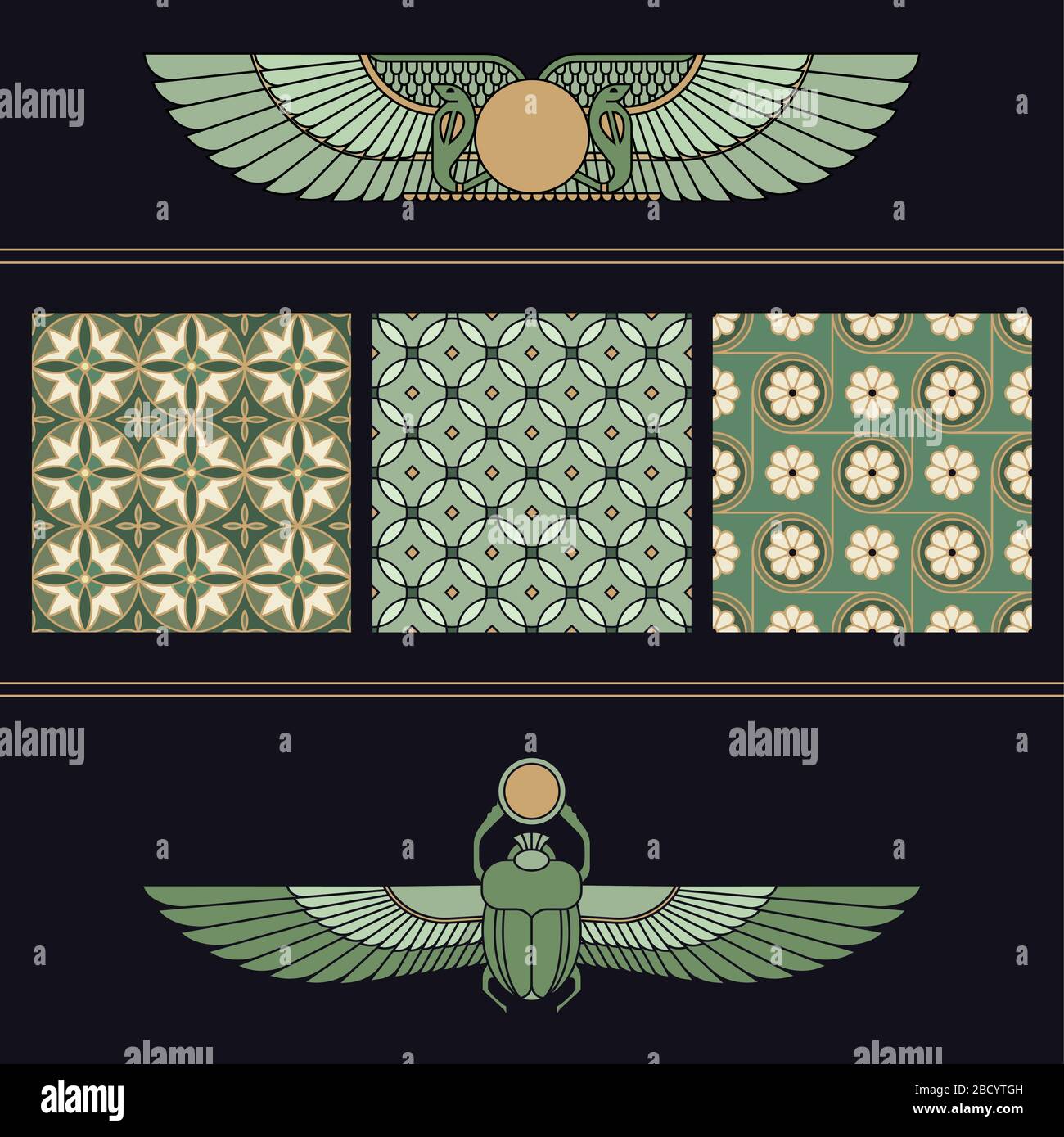 Symbols of ancient Egypt beetle-scarab and winged sun with a collection of seamless patterns for ...