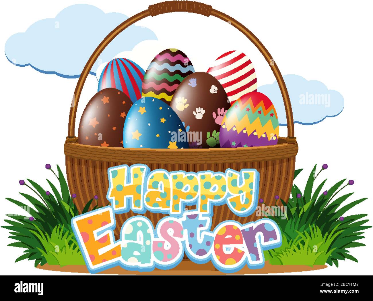 Happy Easter poster design with painted eggs in basket illustration ...