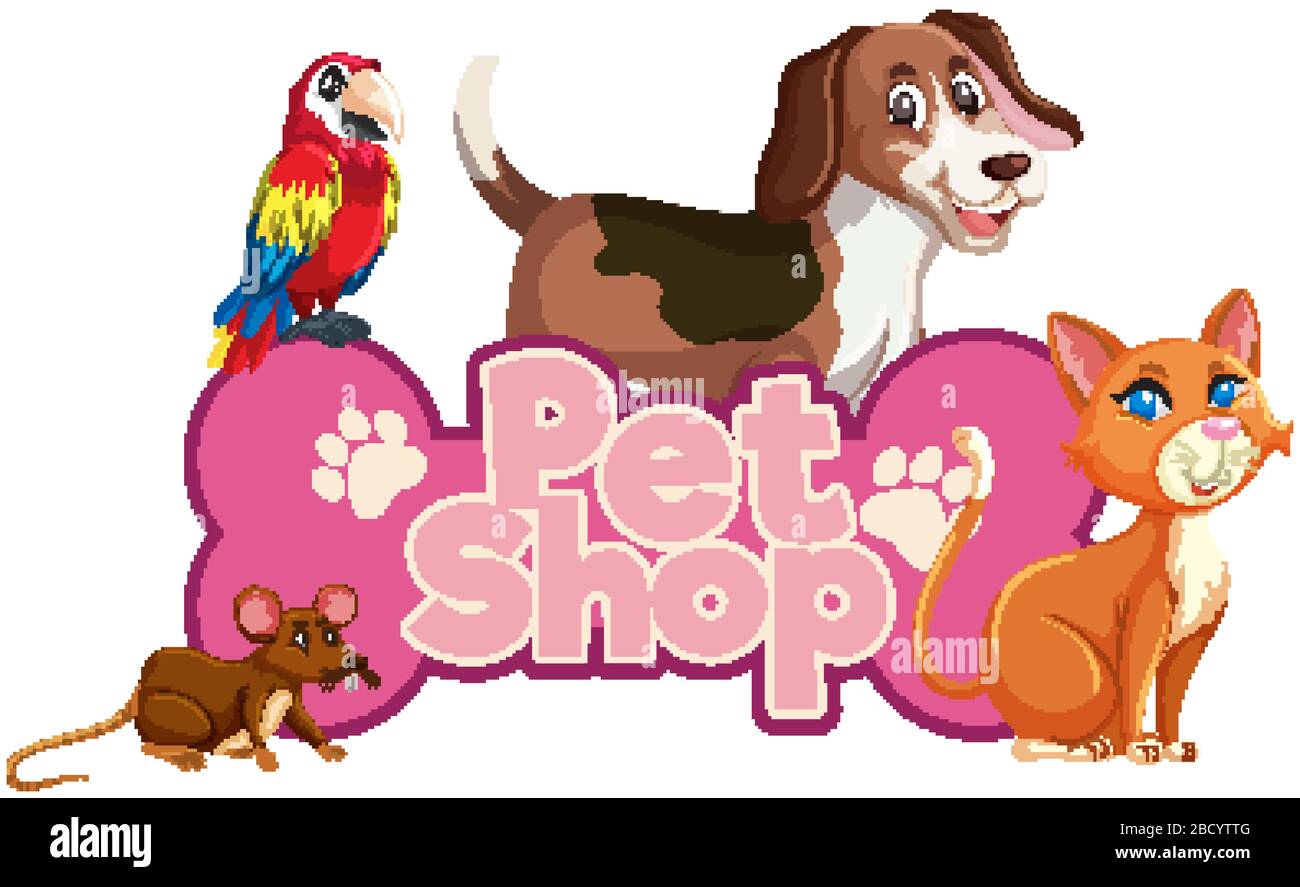 Font design for word pet shop with many animals illustration Stock ...
