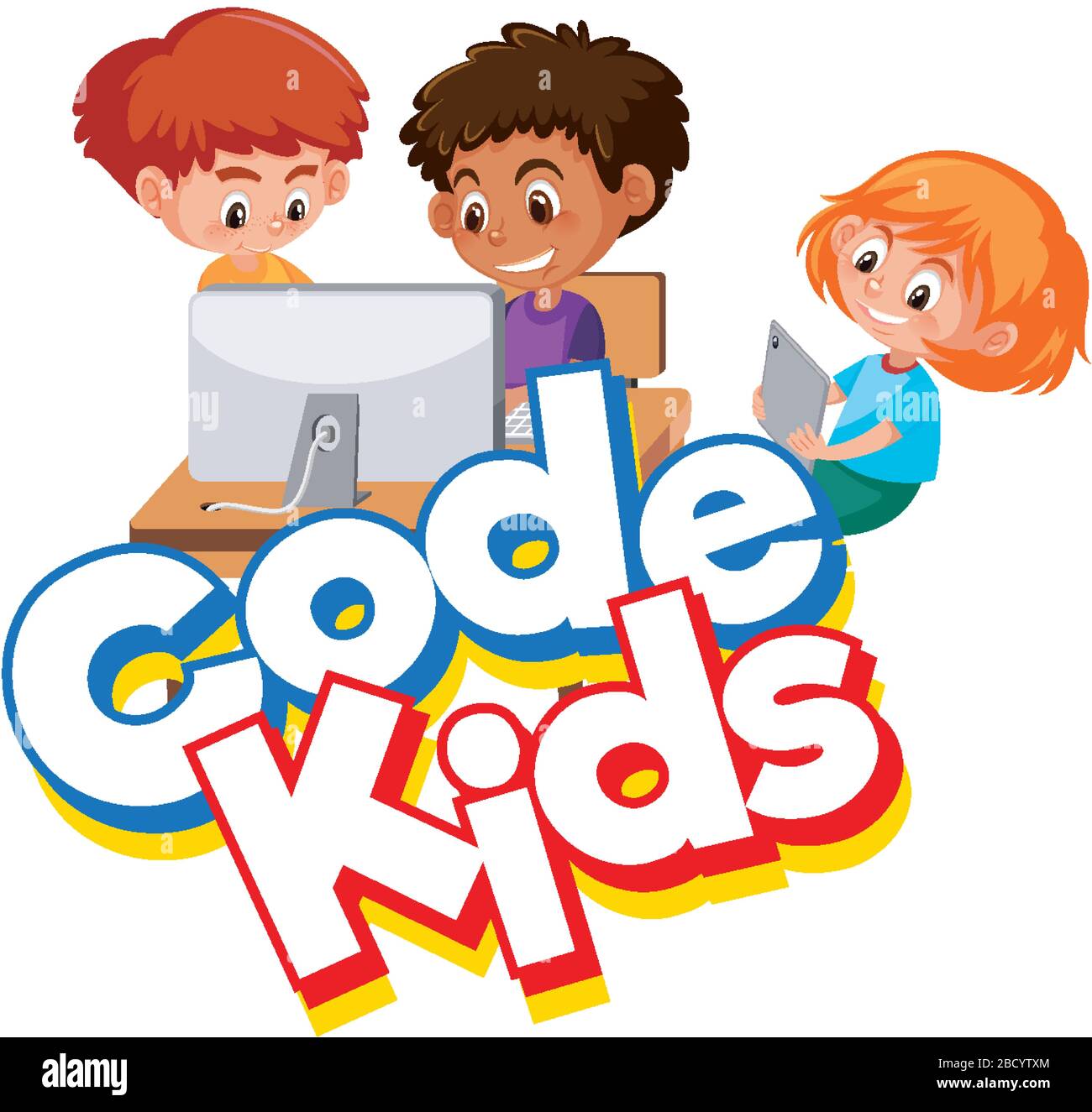 Font design for word code kids with children working on computer ...