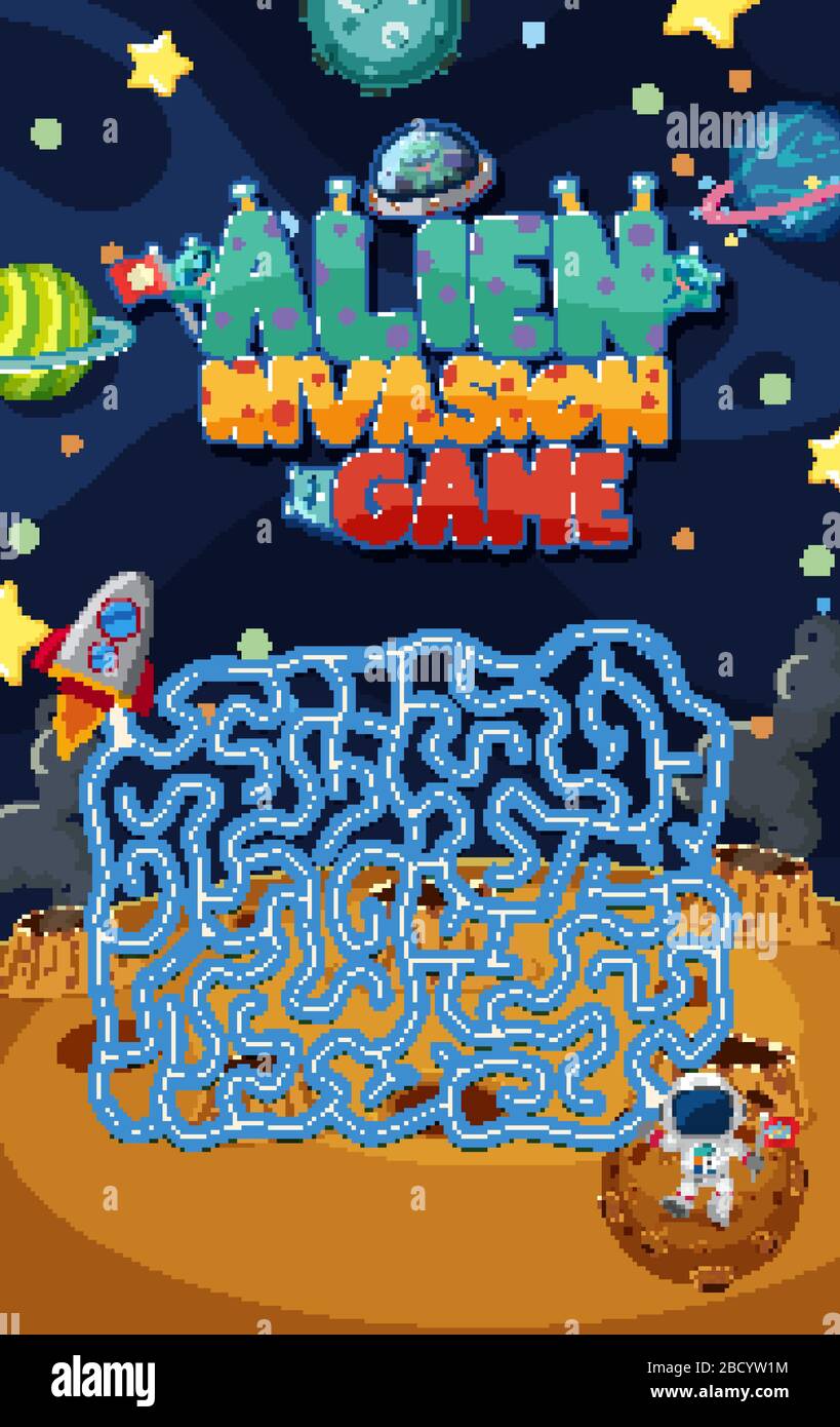 Game template with alien invasion and maze in space background ...