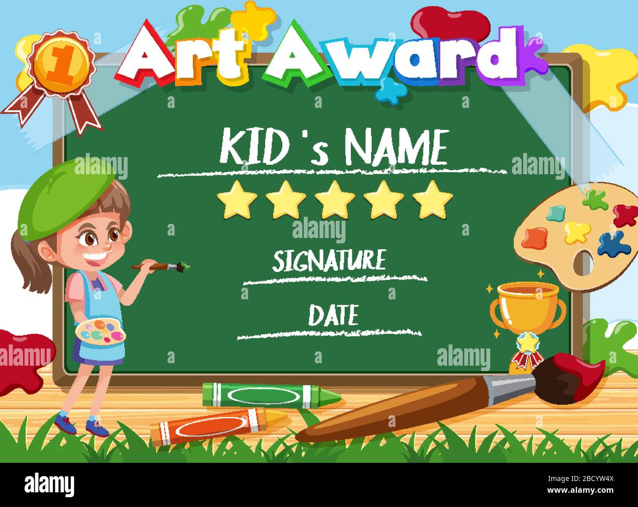 Certificate template for art award with kid painting in background ...