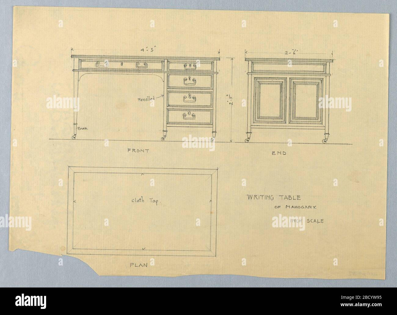 Design for Rectangular Writing Table on Casters in Three Views ...