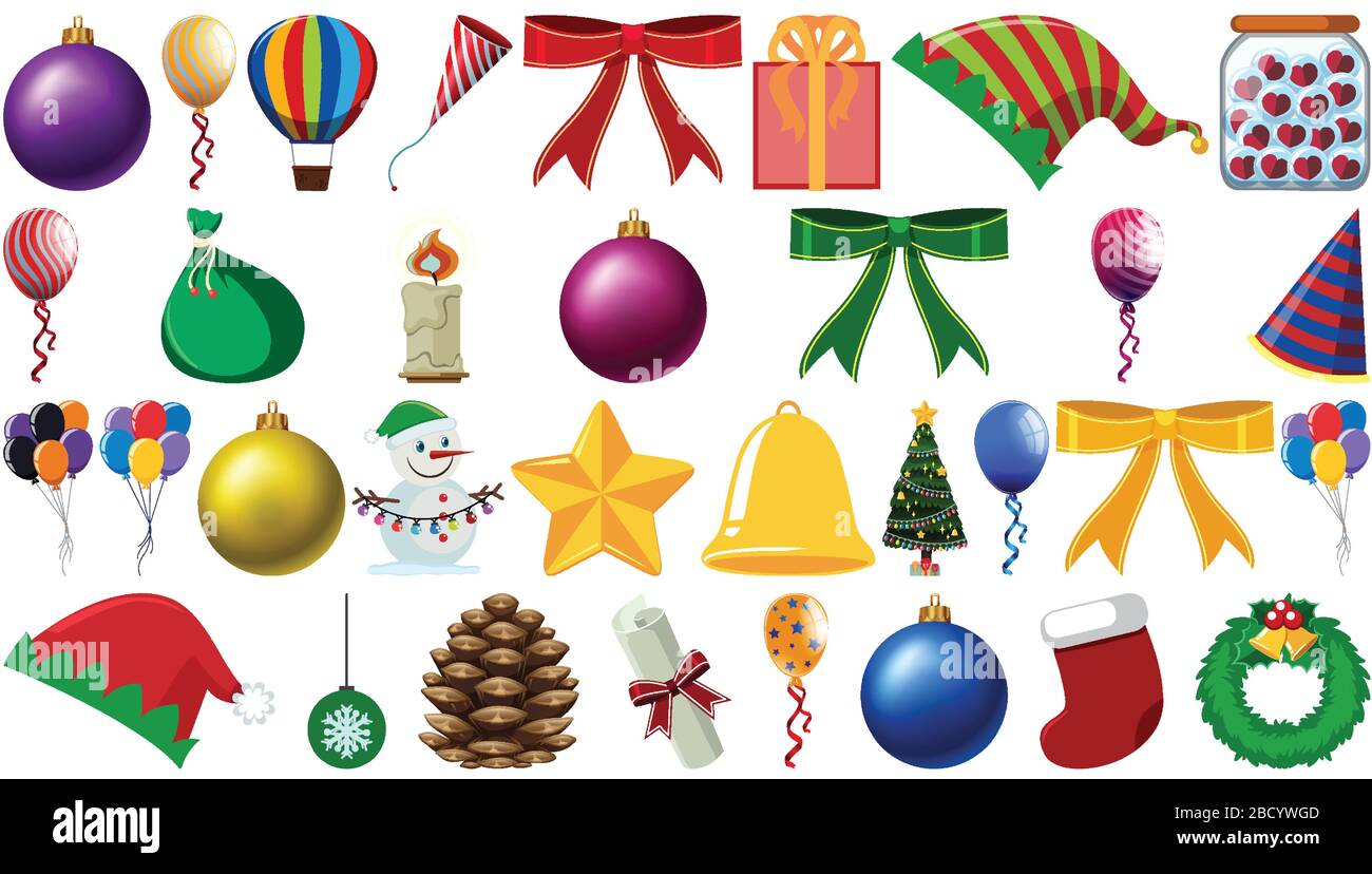 Set of party ornaments and other decorations on white background ...