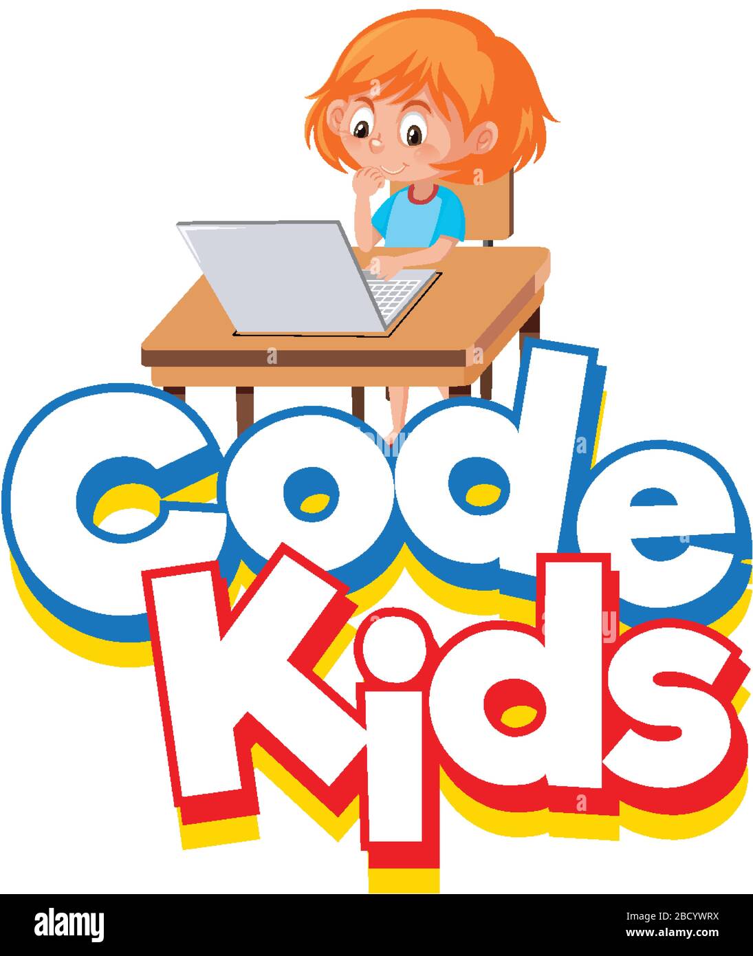 Font design for word code kids with girl working on computer ...