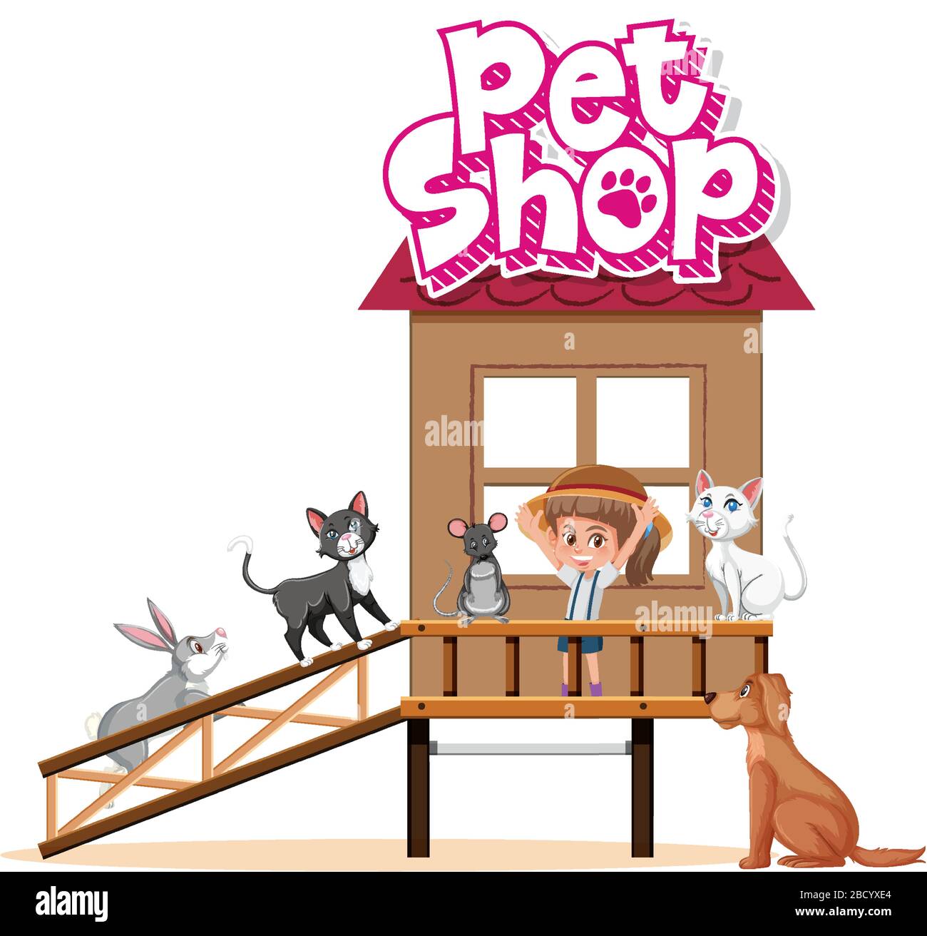 Sign template for pet shop with many animals in the house illustration ...