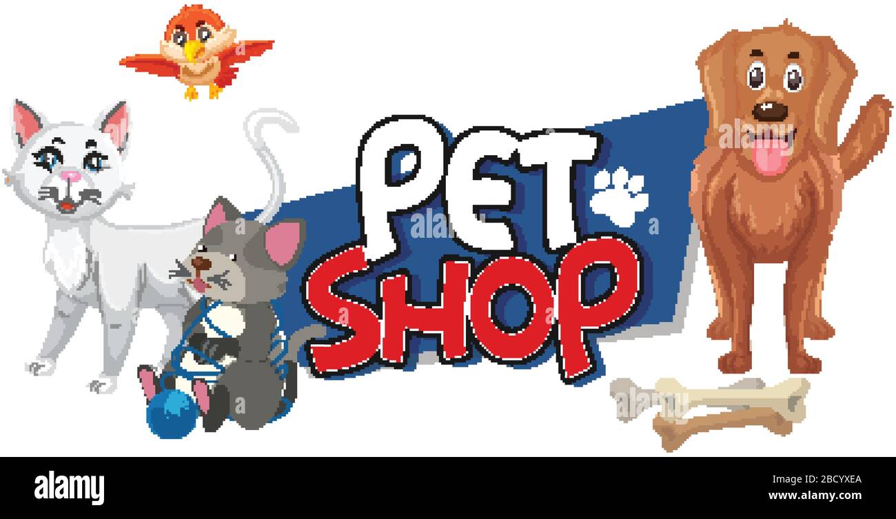 Font design for pet shop with many cute animals illustration Stock ...