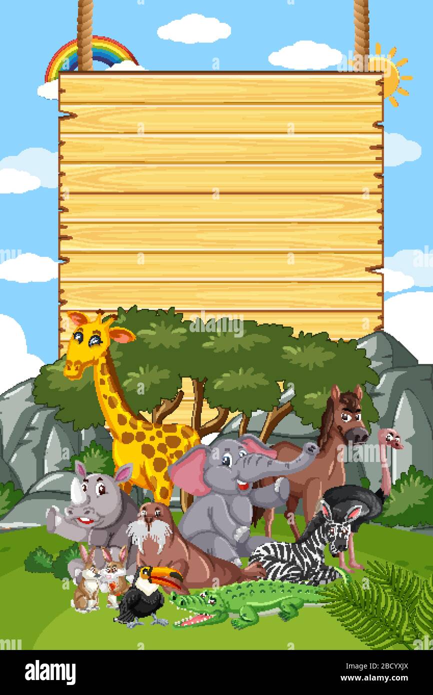 Border template design with many wild animals in background ...