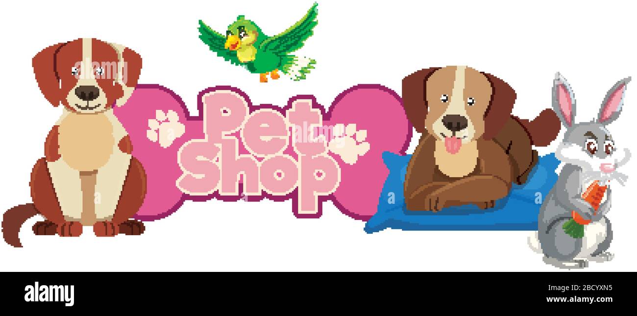 Font design for pet shop with many cute animals illustration Stock ...