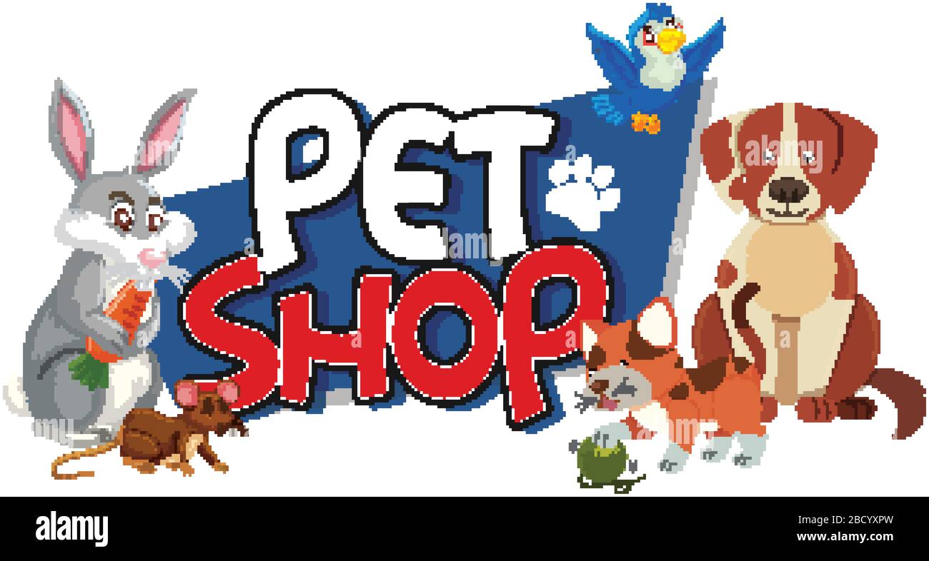 Font design for pet shop with many cute animals illustration Stock ...