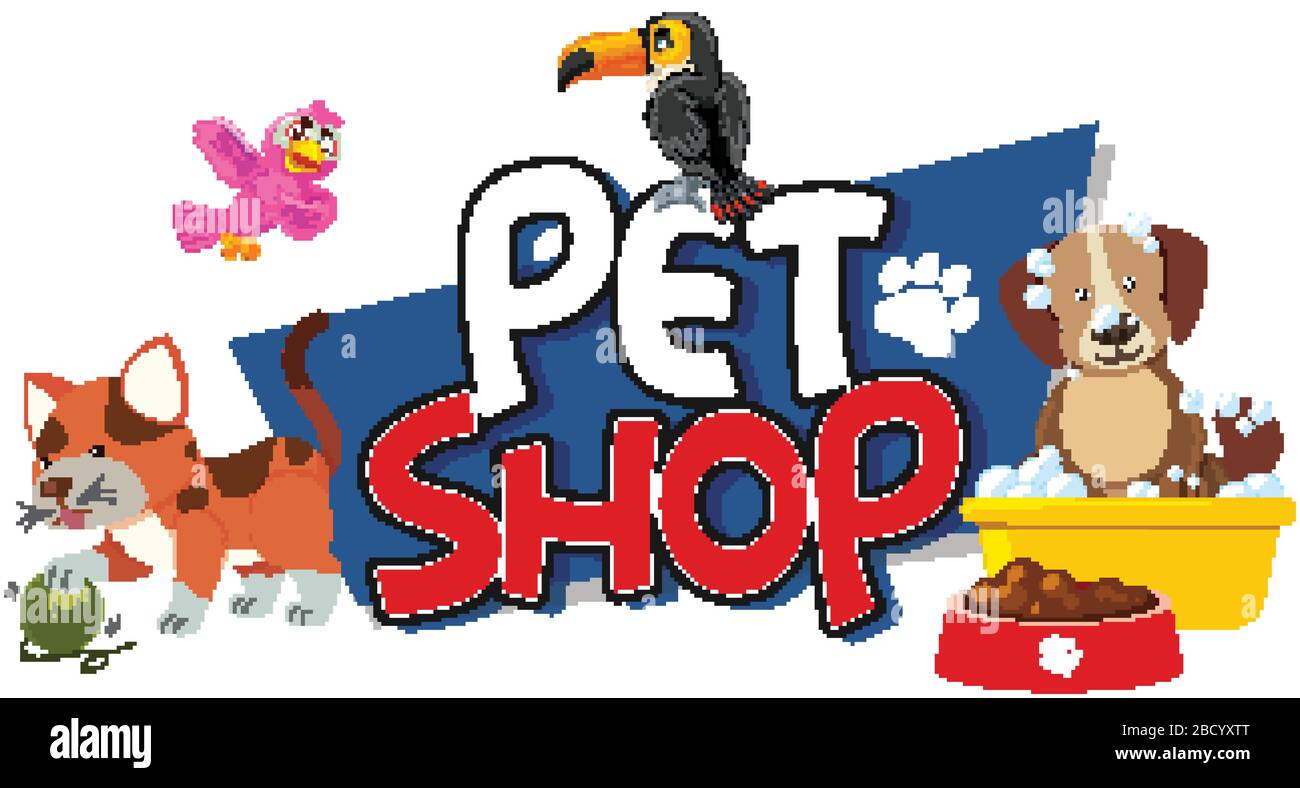 Font design for pet shop with many cute animals illustration Stock ...
