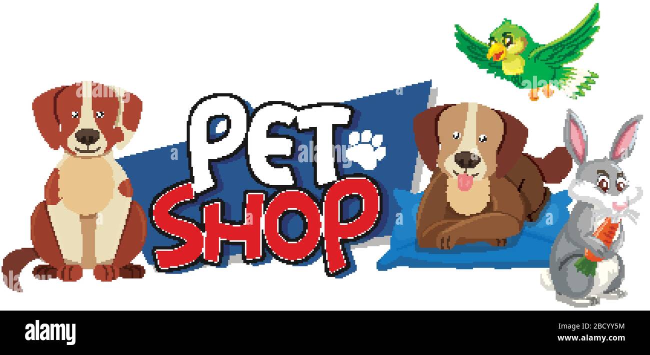 Font design for pet shop with many cute animals illustration Stock ...