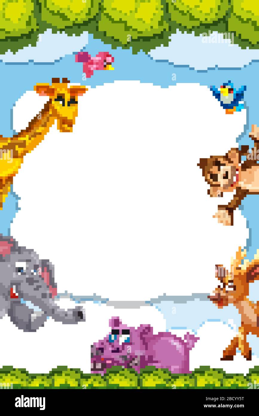 Border template design with many wild animals in background ...
