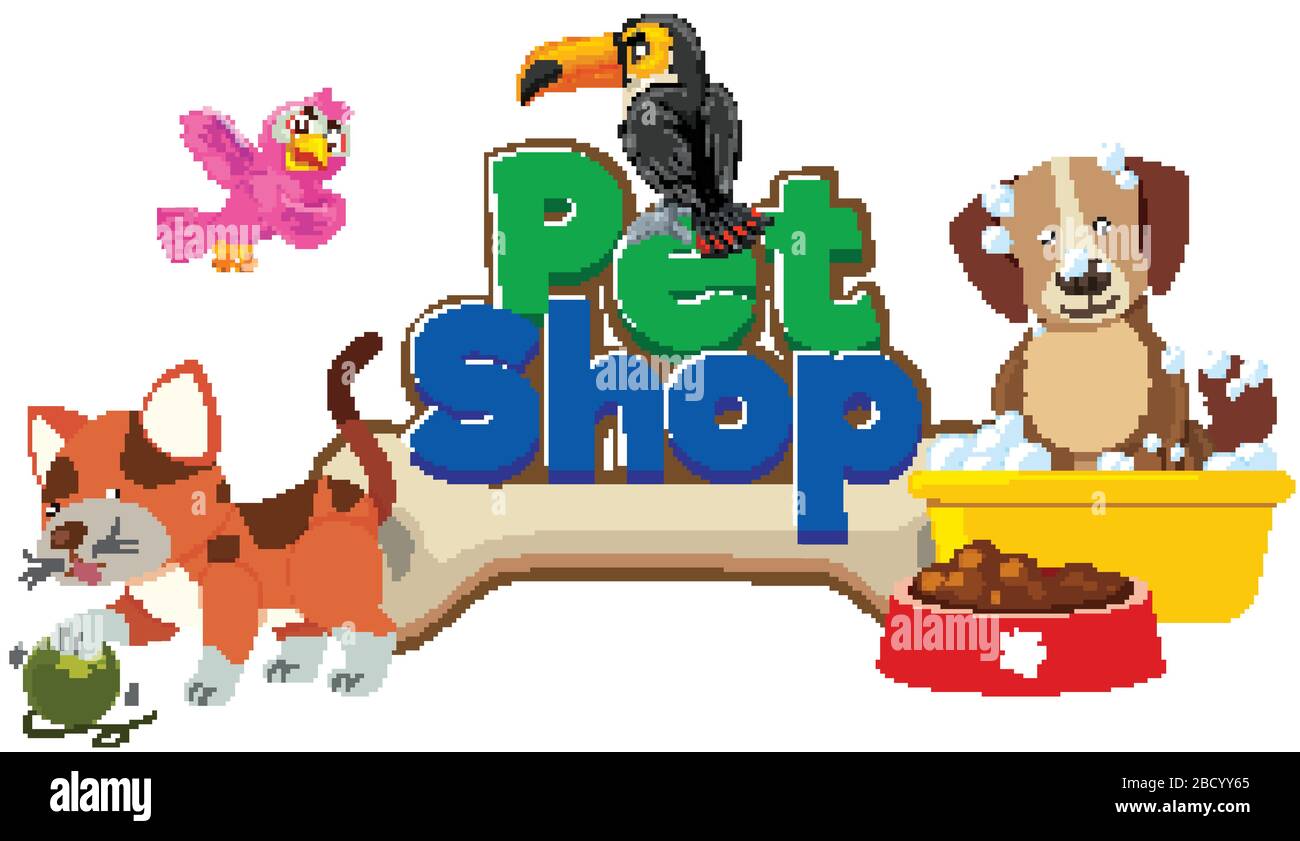 Font design for pet shop with many cute animals illustration Stock ...