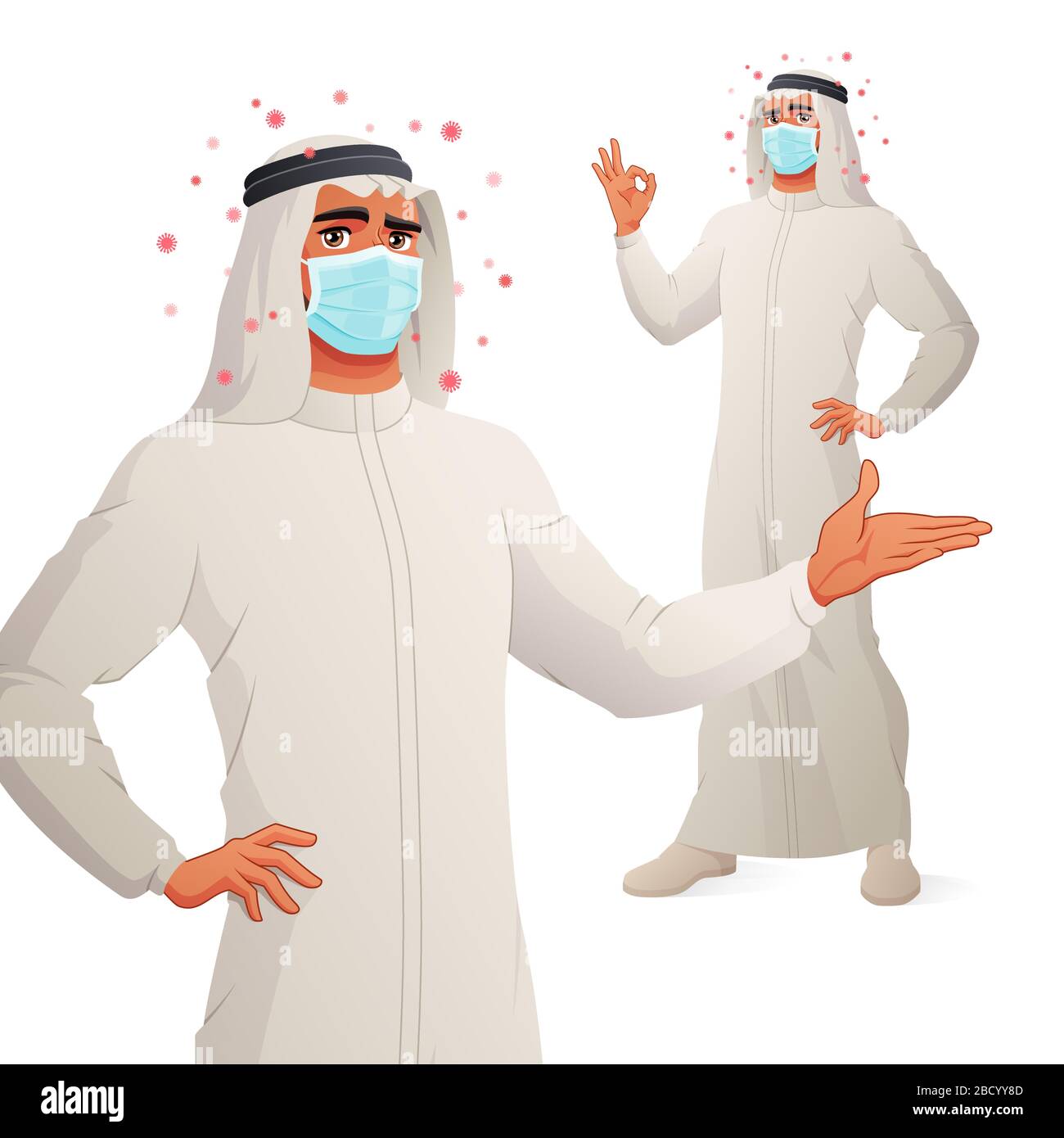 Arab man in mask presenting and showing OK hand sign. Full size vector ...