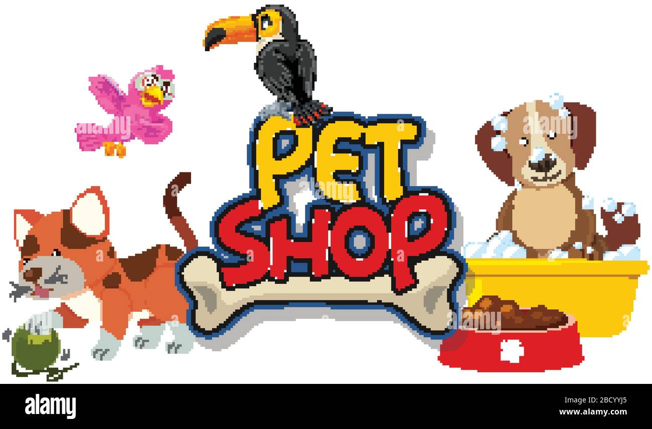 Font design for pet shop with many cute animals illustration Stock ...