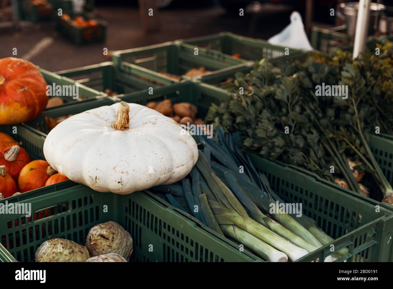 Organic pumpkin in vegetable crates at an authentic farmers market ...
