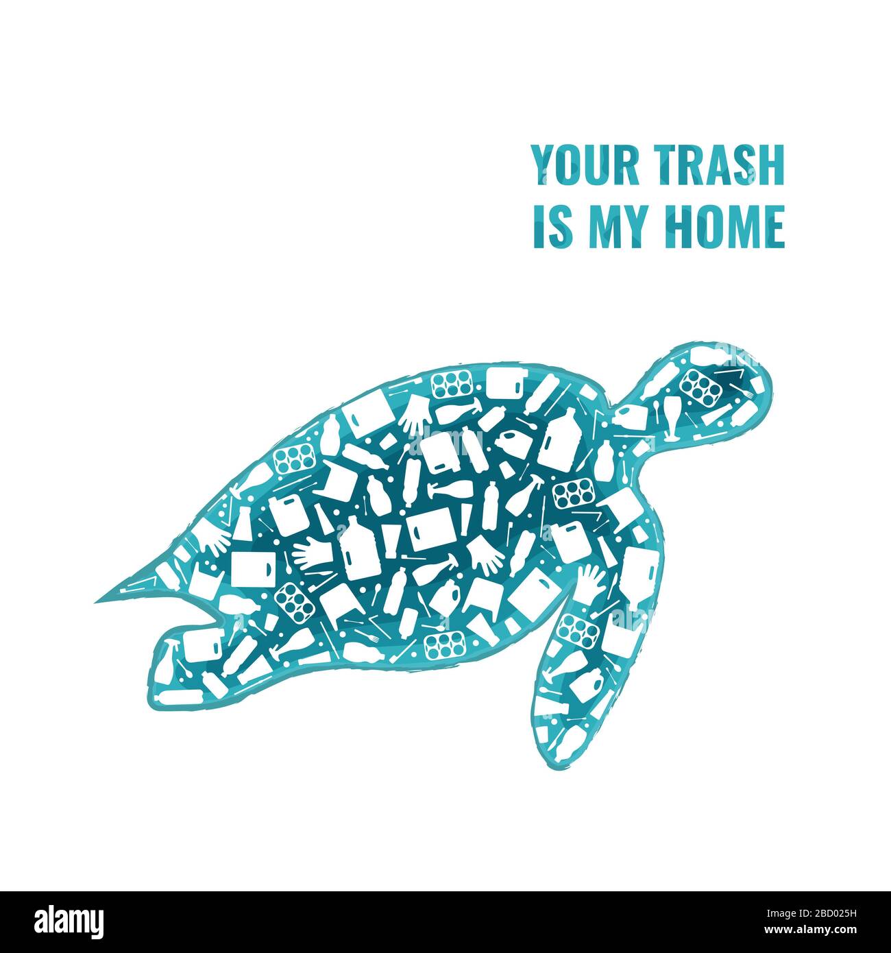 Plastic trash planet pollution concept illustration. Turtle marine ...