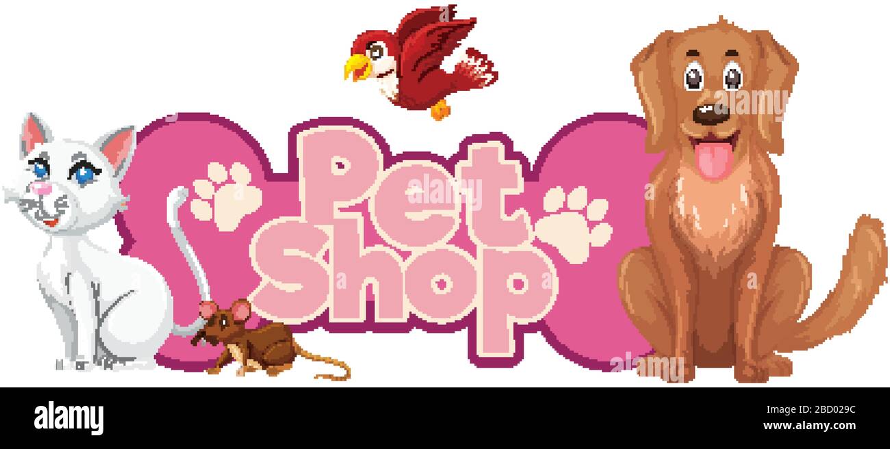 Font design for pet shop with many cute animals illustration Stock ...