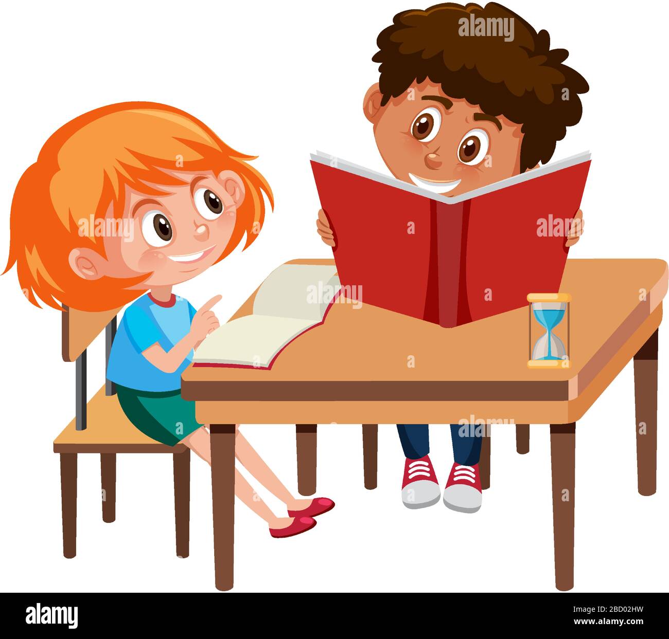 Boy and girl reading book on the table illustration Stock Vector Image ...
