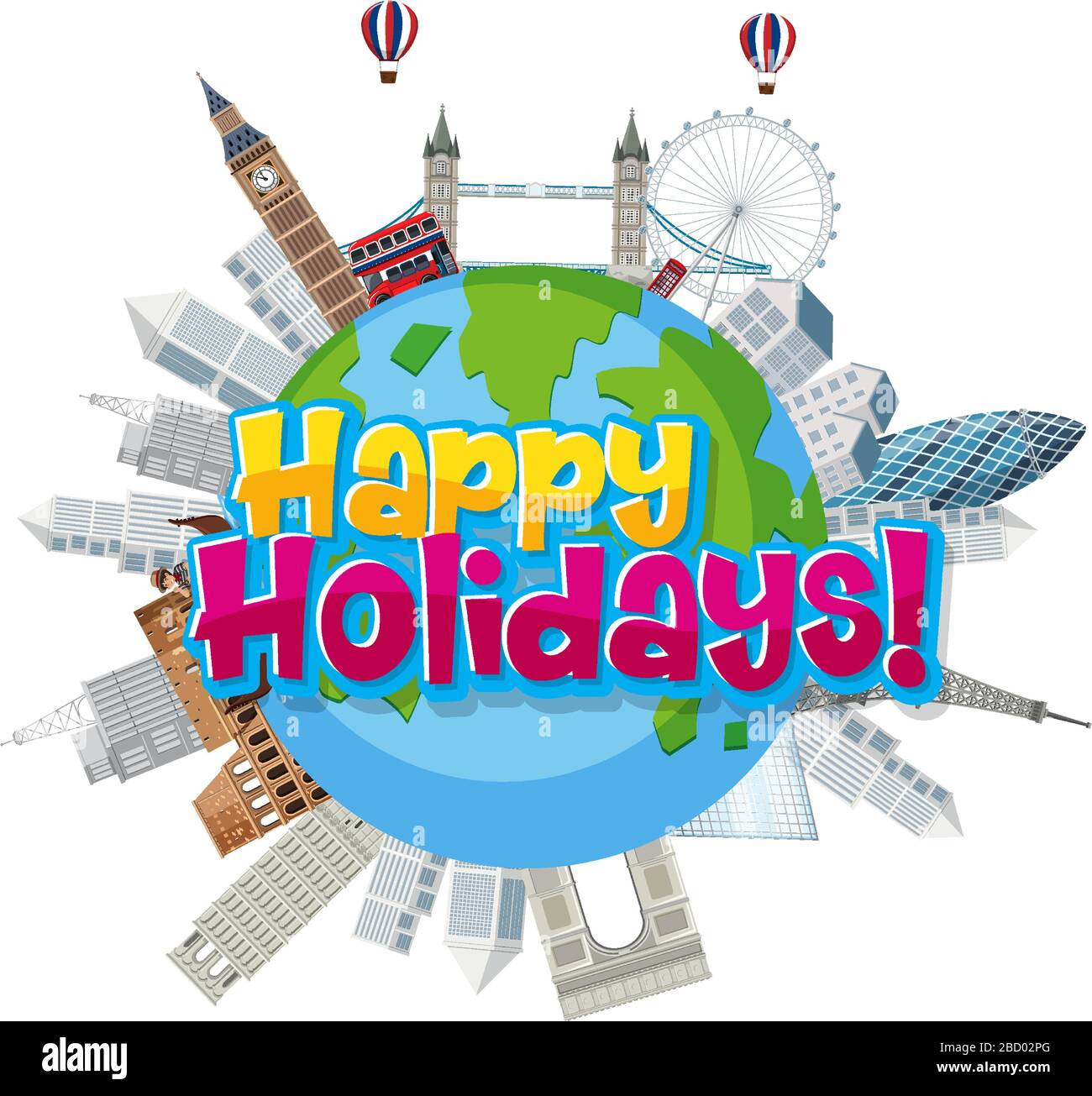 Font design template for word happy holidays with destinations on earth ...