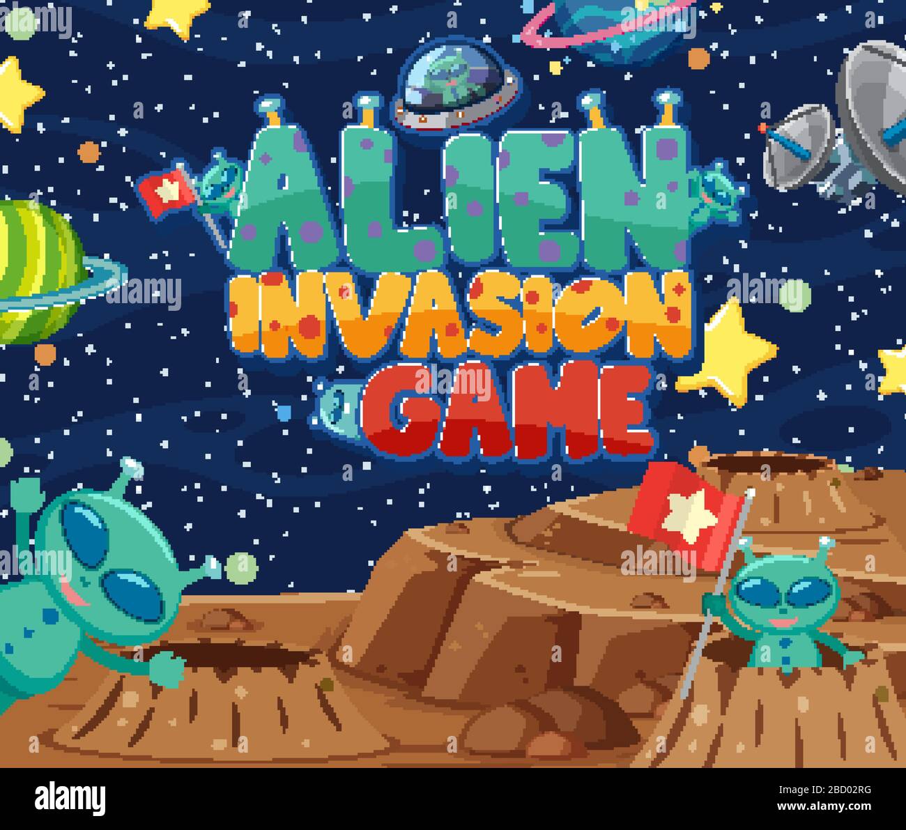 Poster design with word alien invasion game and many planets in space ...