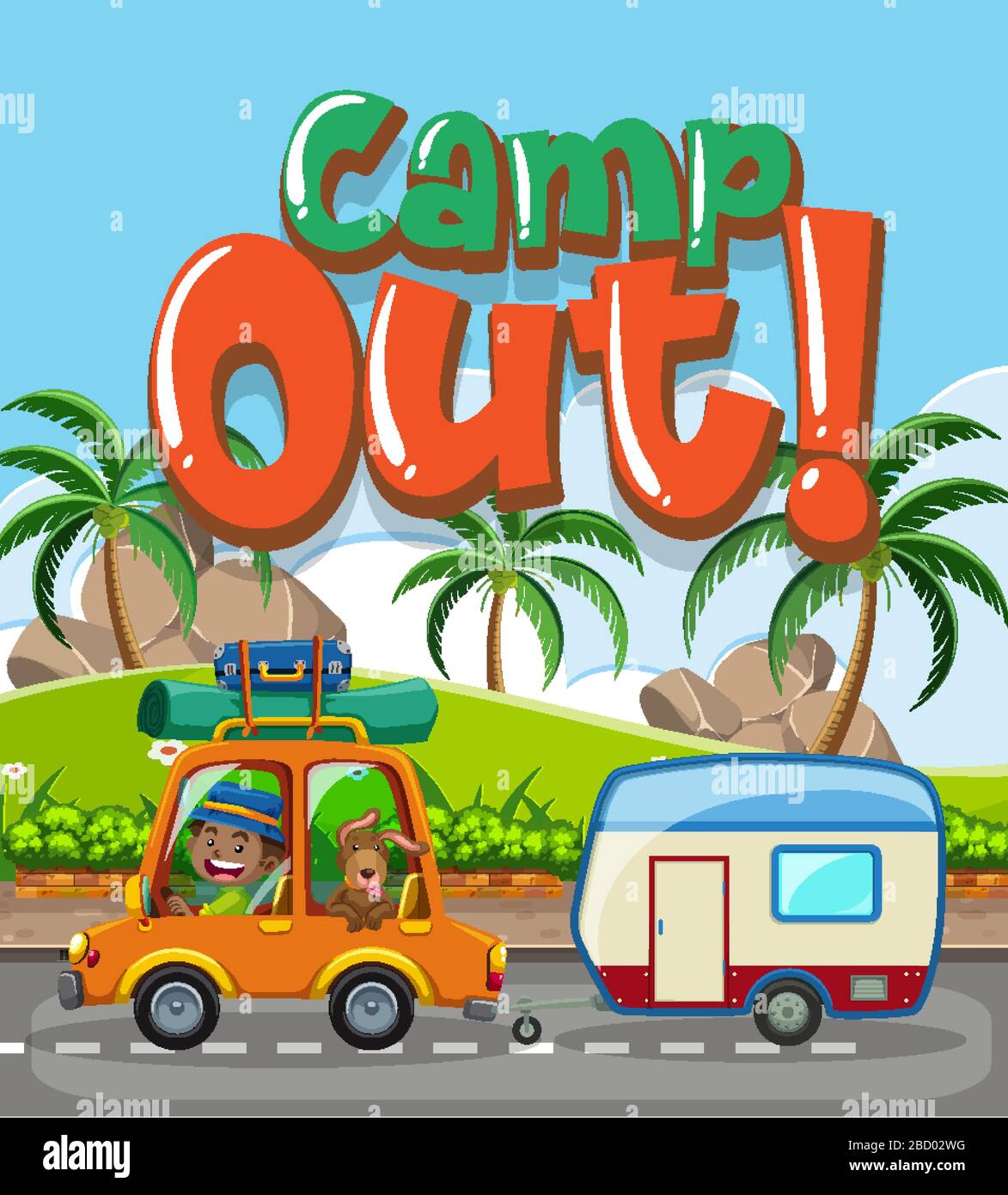 Font design for word camp out with tourist driving on the road ...