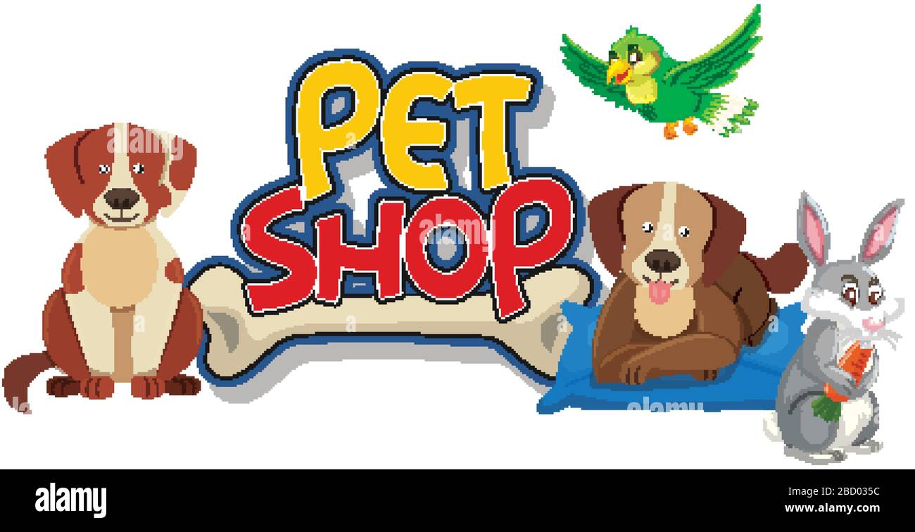 Font design for pet shop with many cute animals illustration Stock ...