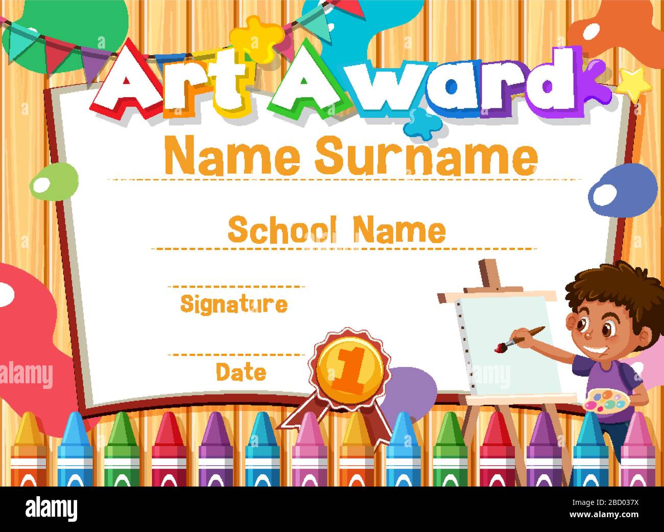 Certificate template for art award with kid painting in background ...