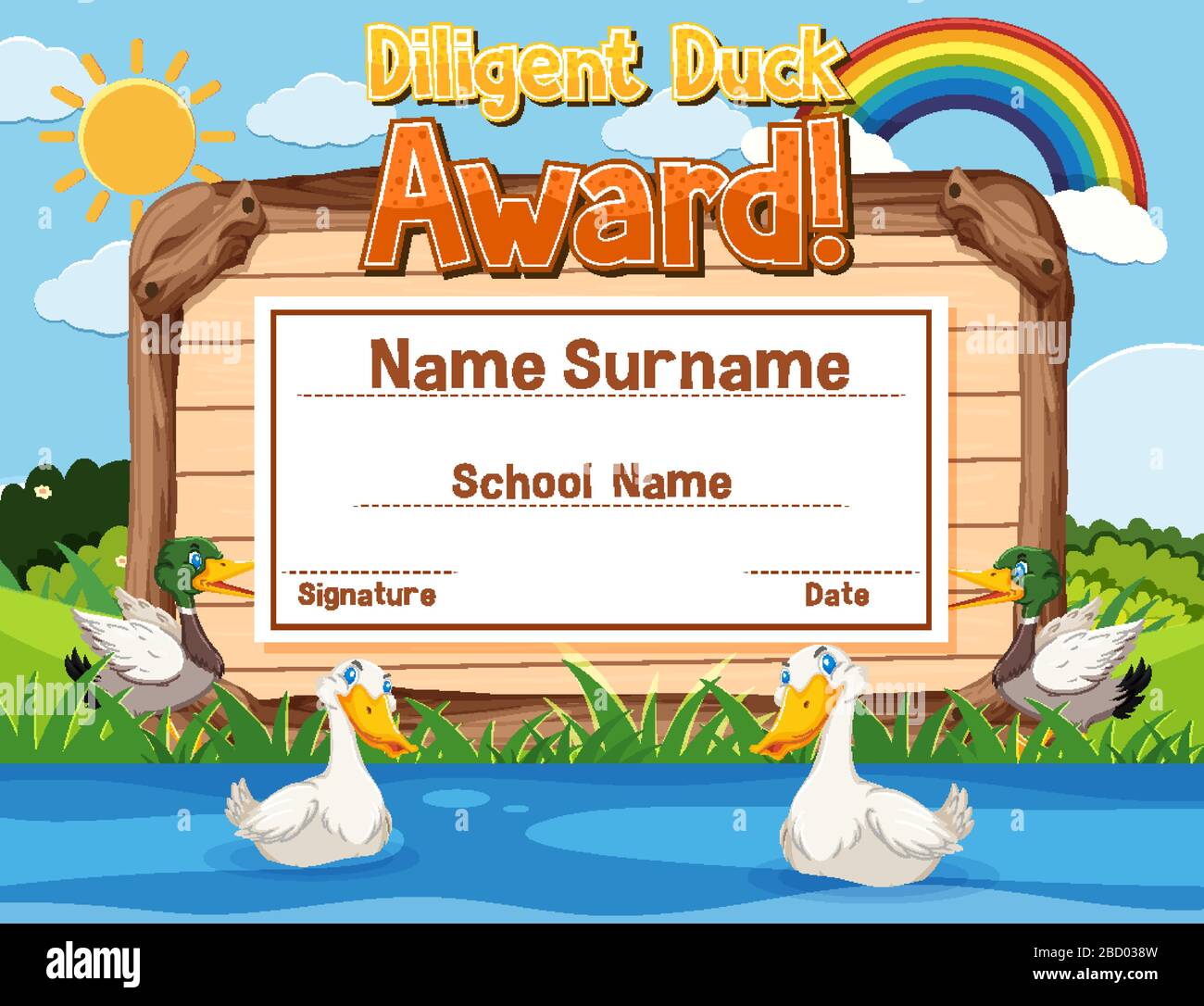 Certificate template design for diligent duck award with ducks in the ...