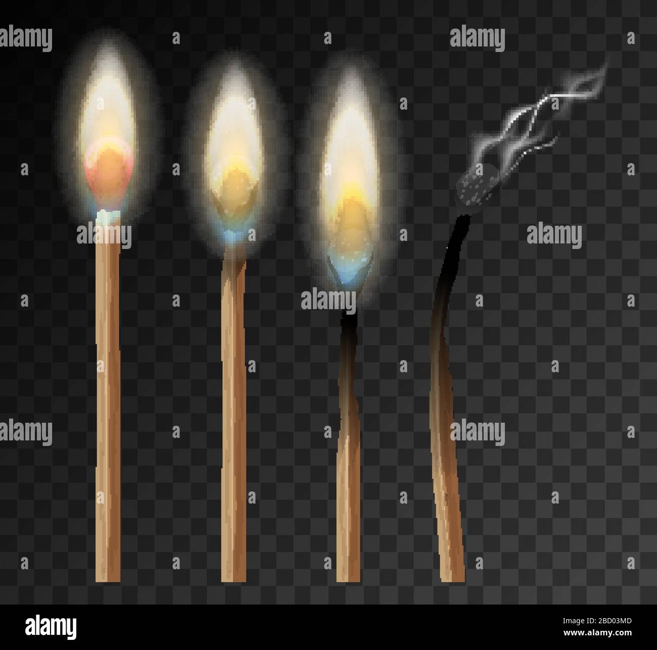 Set of matches with fire on black background illustration Stock Vector ...
