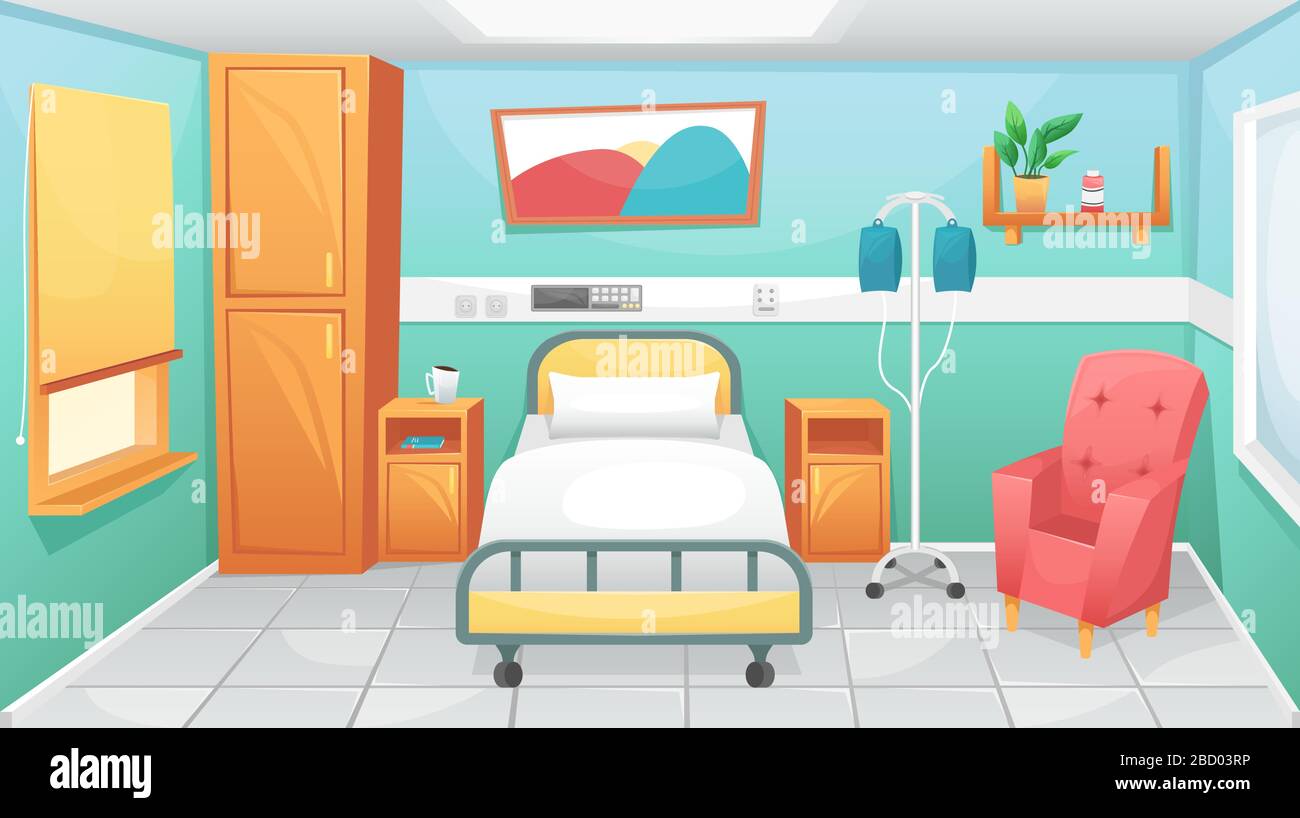 Hospital room with a bed, bedside tables and a chair for visitors ...