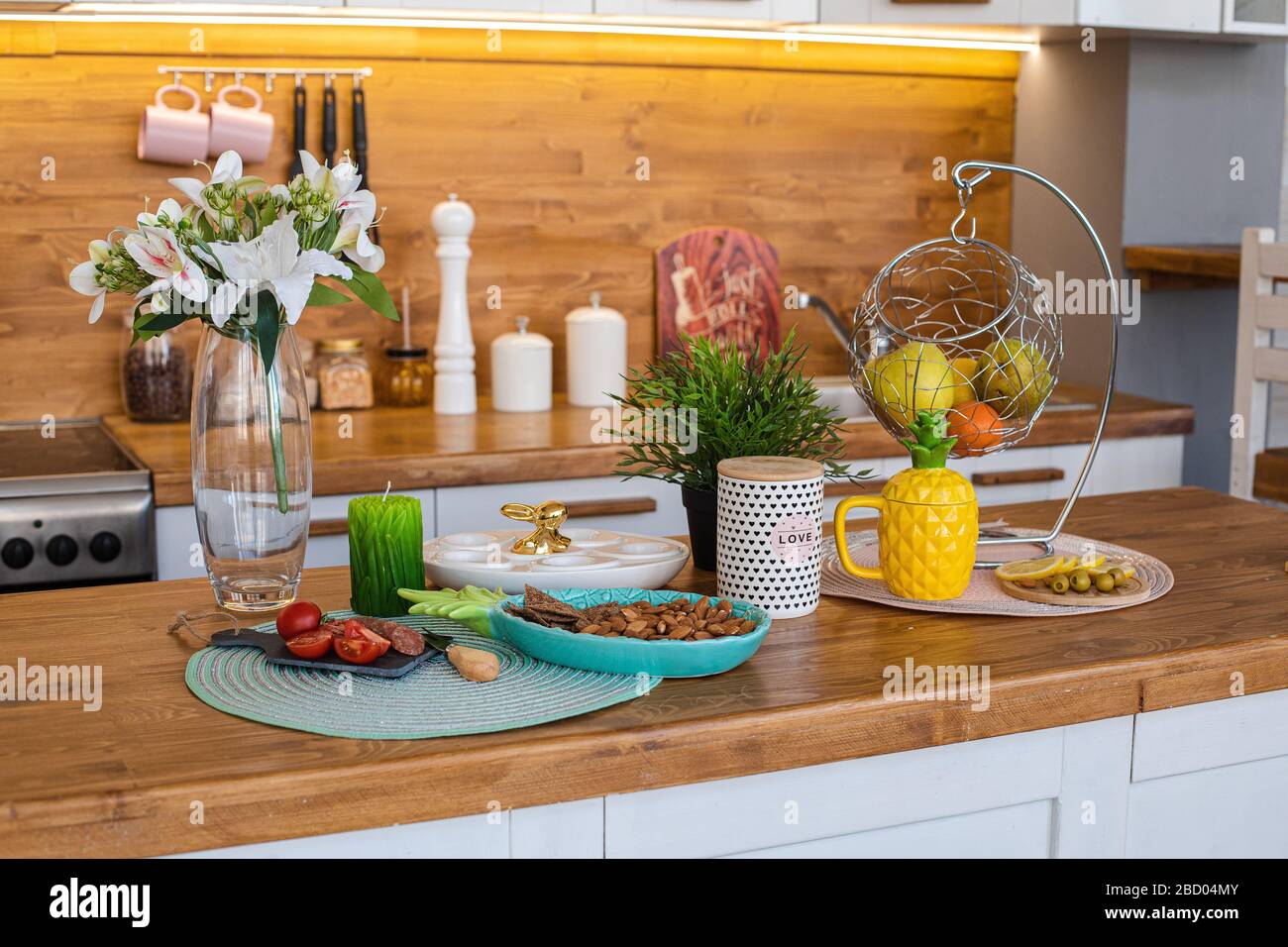 Food on counter with kitchen background hi-res stock photography and ...