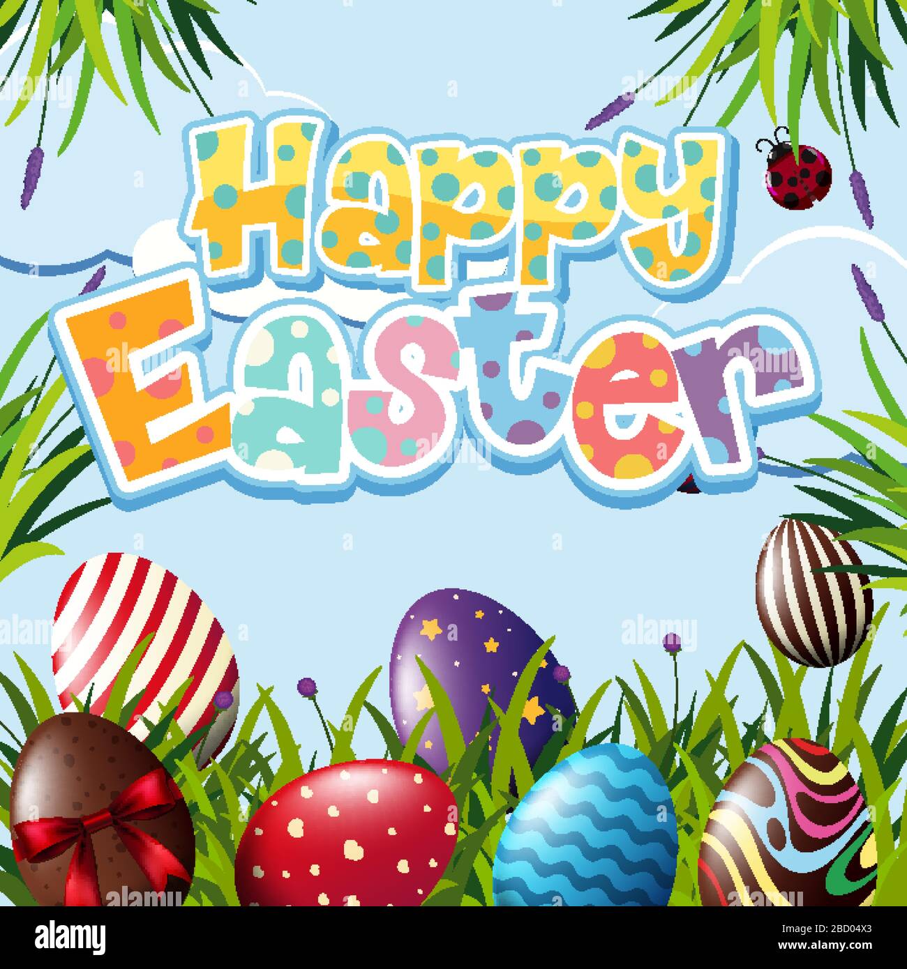 Happy Easter design with many eggs in the garden illustration Stock ...