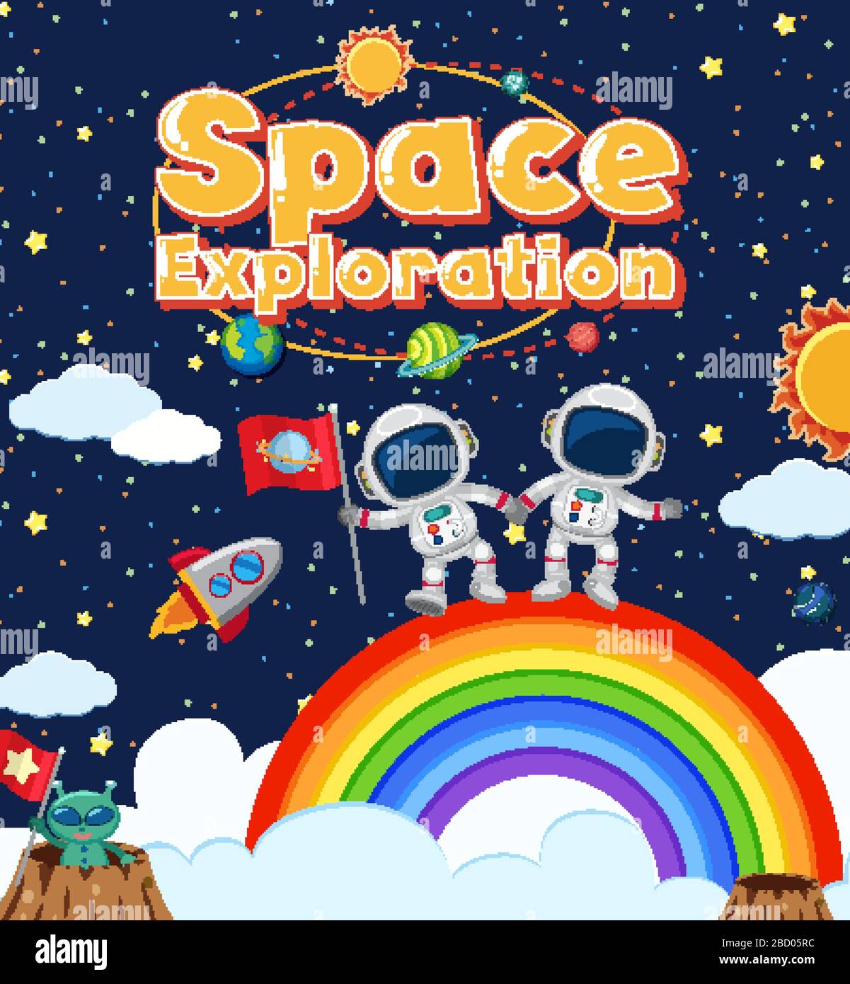 Poster design for space exploration with astronauts on rainbow ...