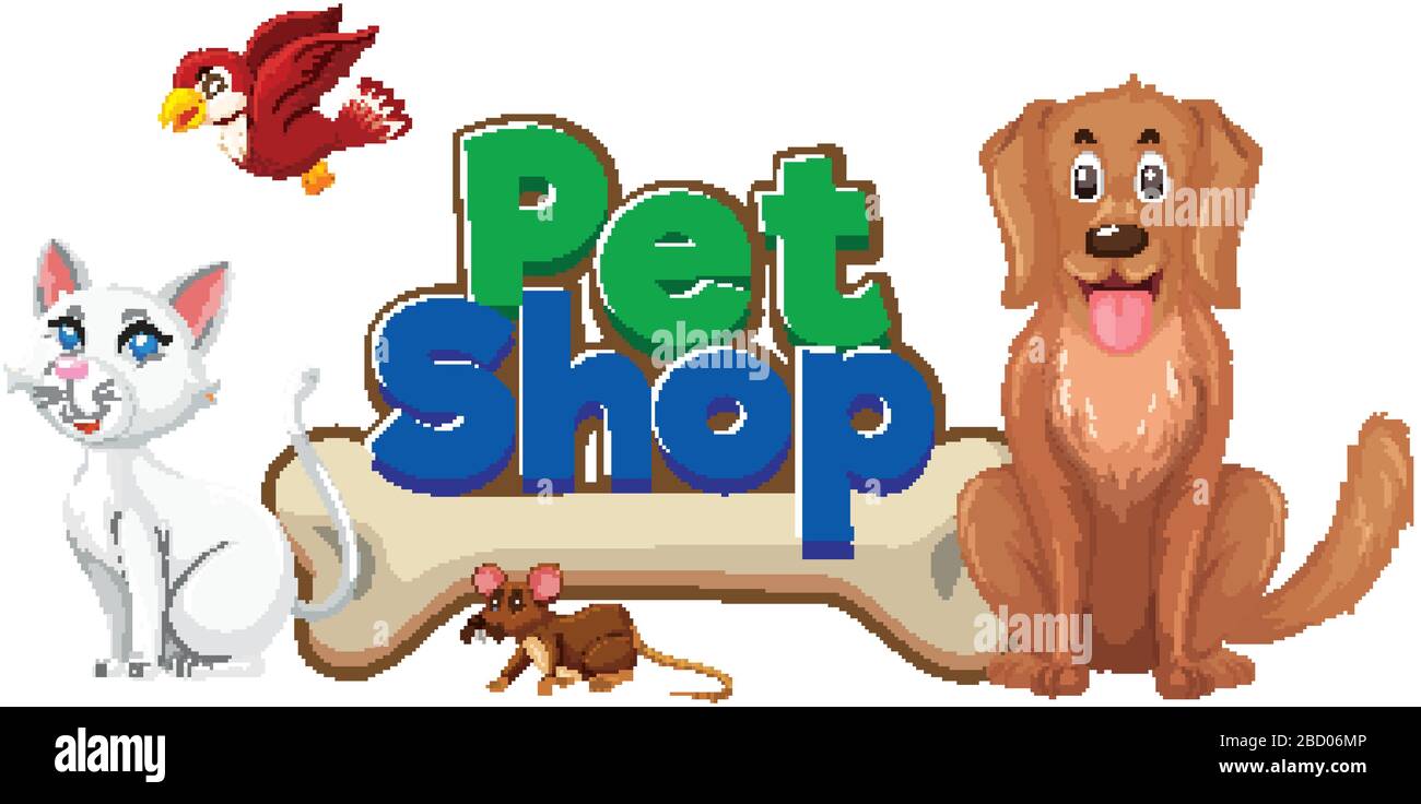 Font design for pet shop with many cute animals illustration Stock ...